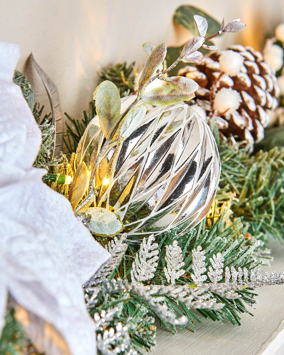Pre-Lit Decorated Frosted Garland, White/Silver, 9 ft – We R Christmas