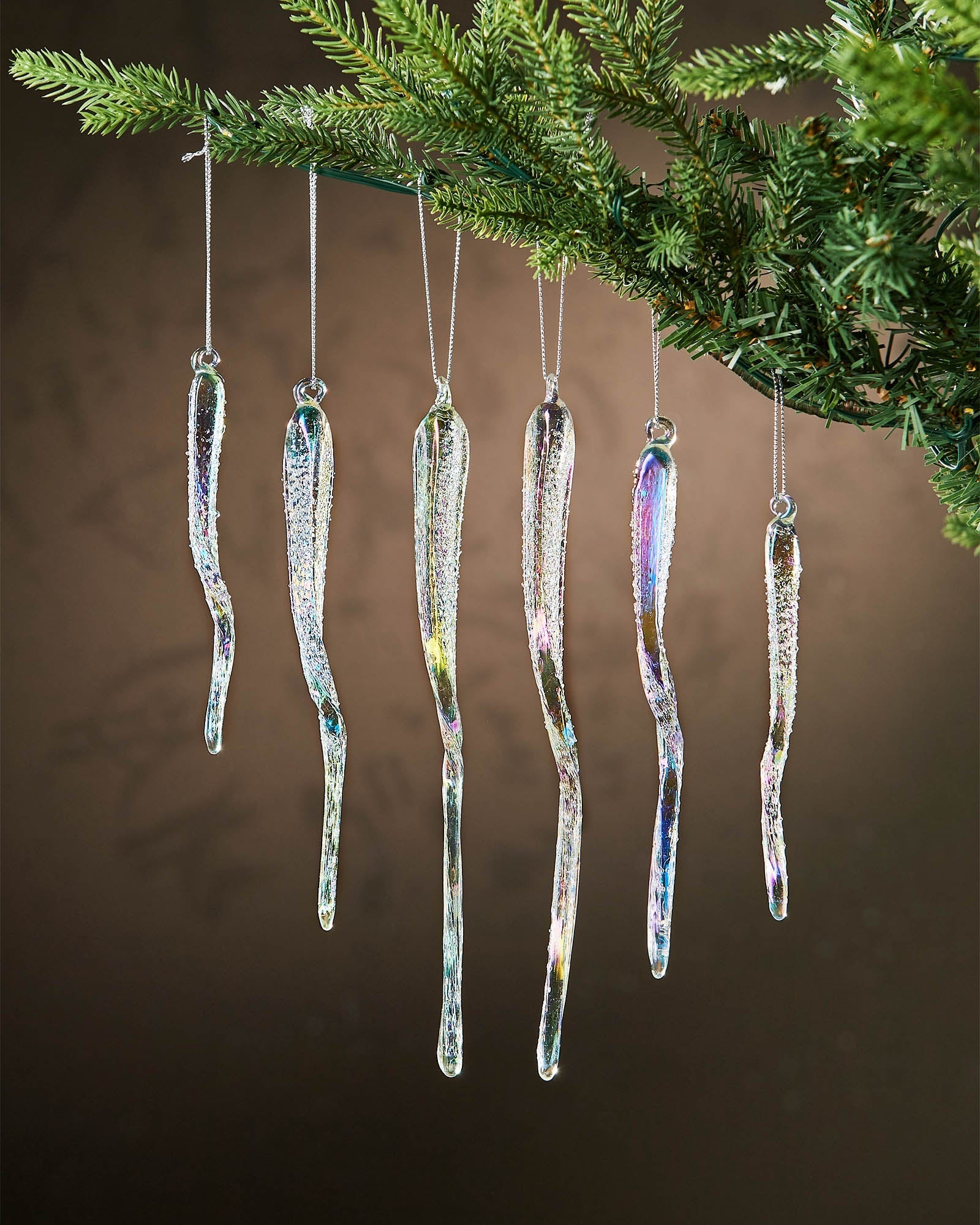 Set of 6 Iridescent Frosted Glass Icicles, 25 cm – We R Christmas